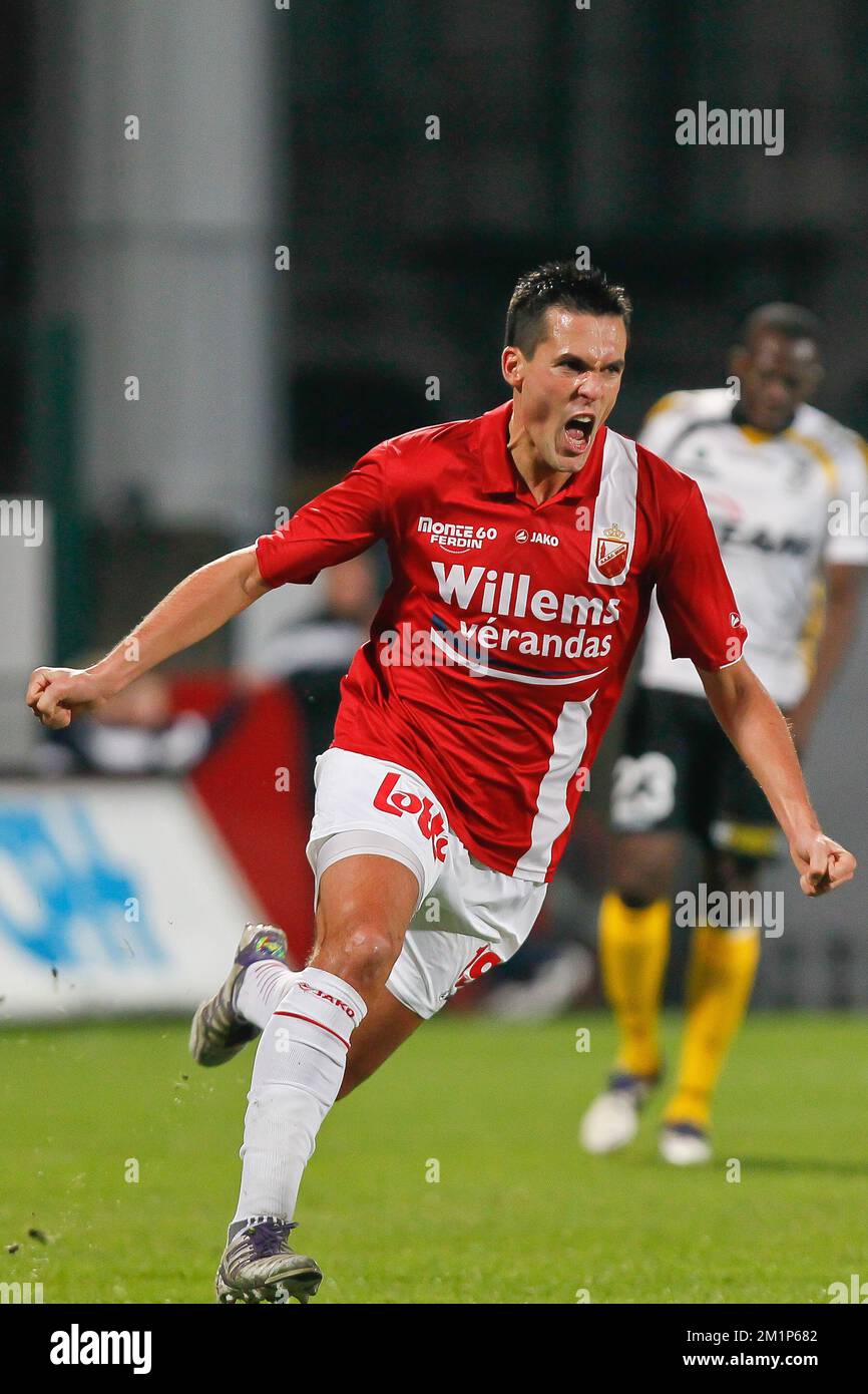 20121124 - MONS, BELGIUM: Mons' Jeremy Perbet celebrates after scoring ...