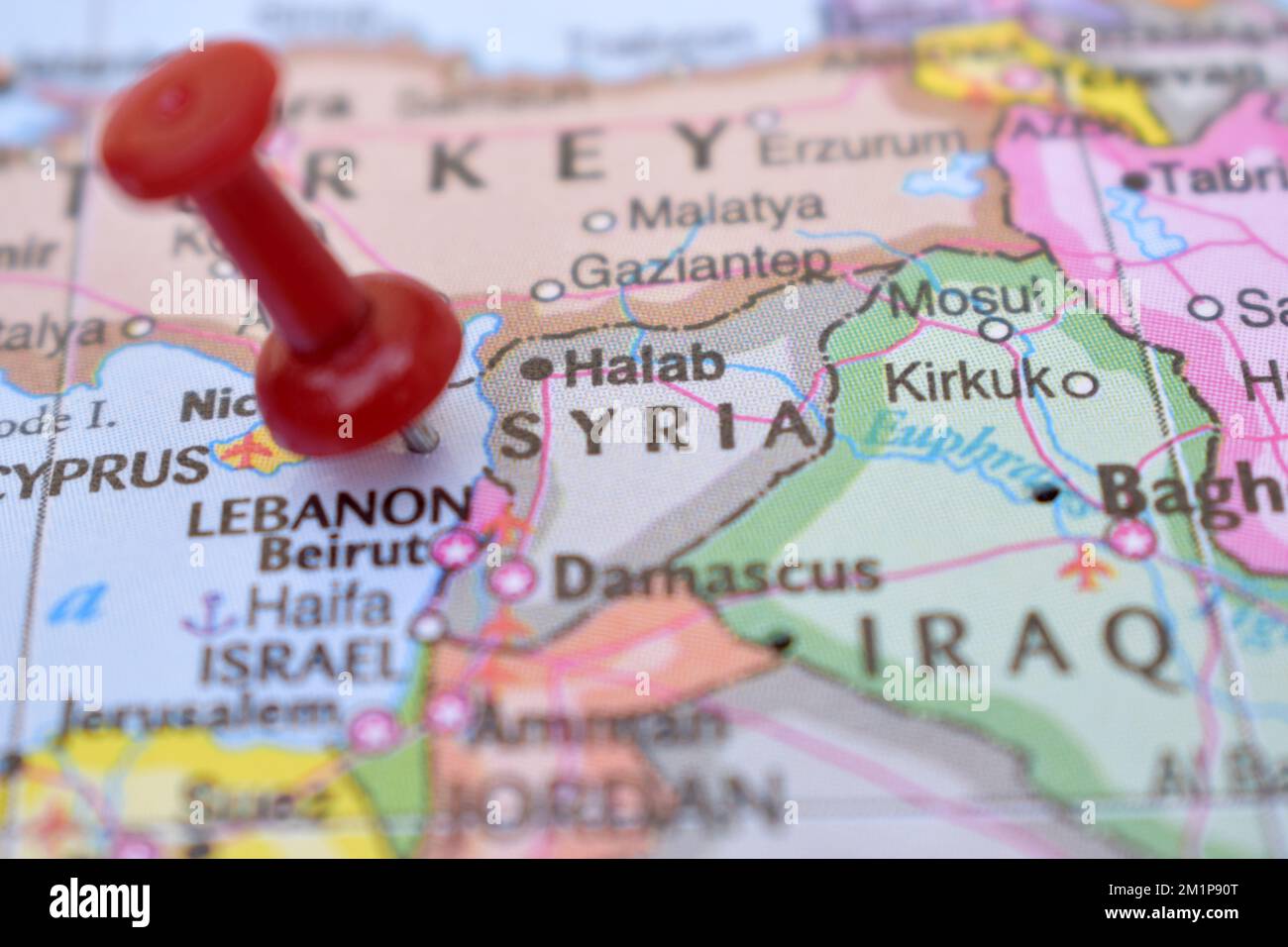 Red Push Pin Pointing on Location of Syria World Map Close-Up View ...