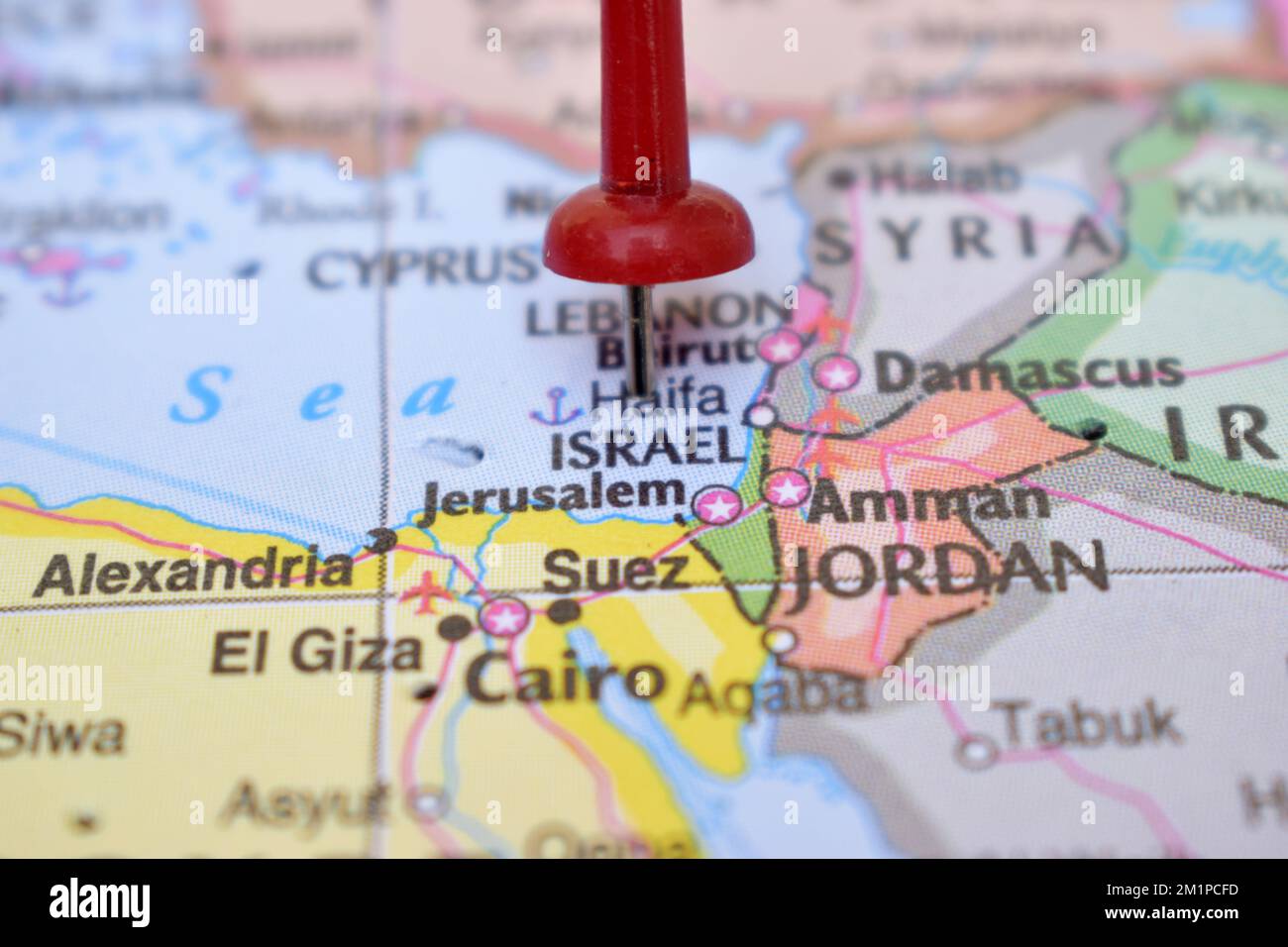 Red Push Pin Pointing on Location of Israel World Map Close-Up View ...