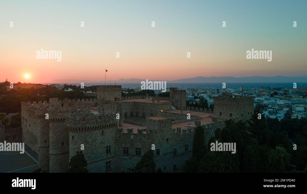 An aerial view beautiful calm sunset over the medieval Palace of the ...