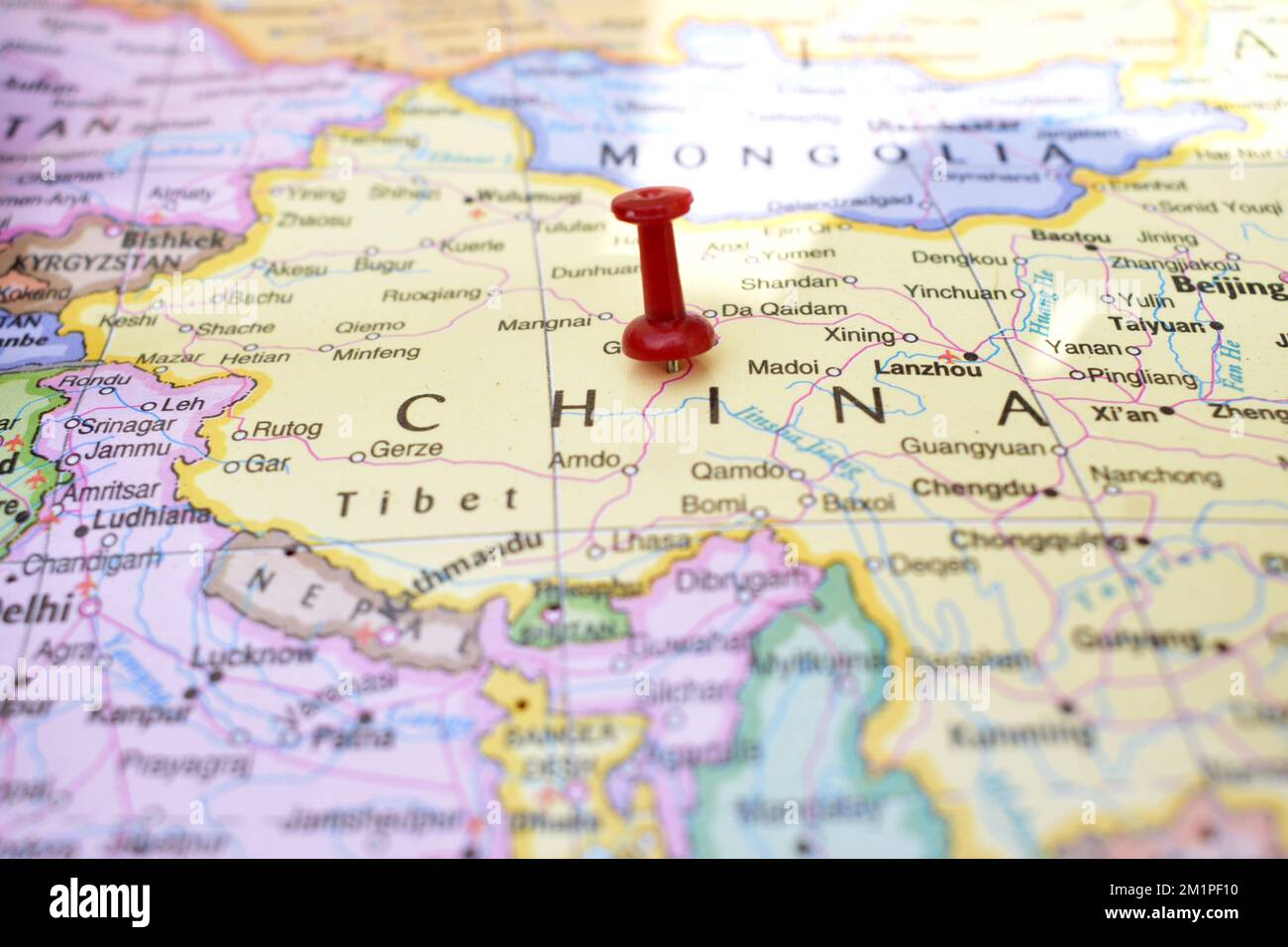 Red Push Pin Pointing on Location of China World Map Close-Up View ...
