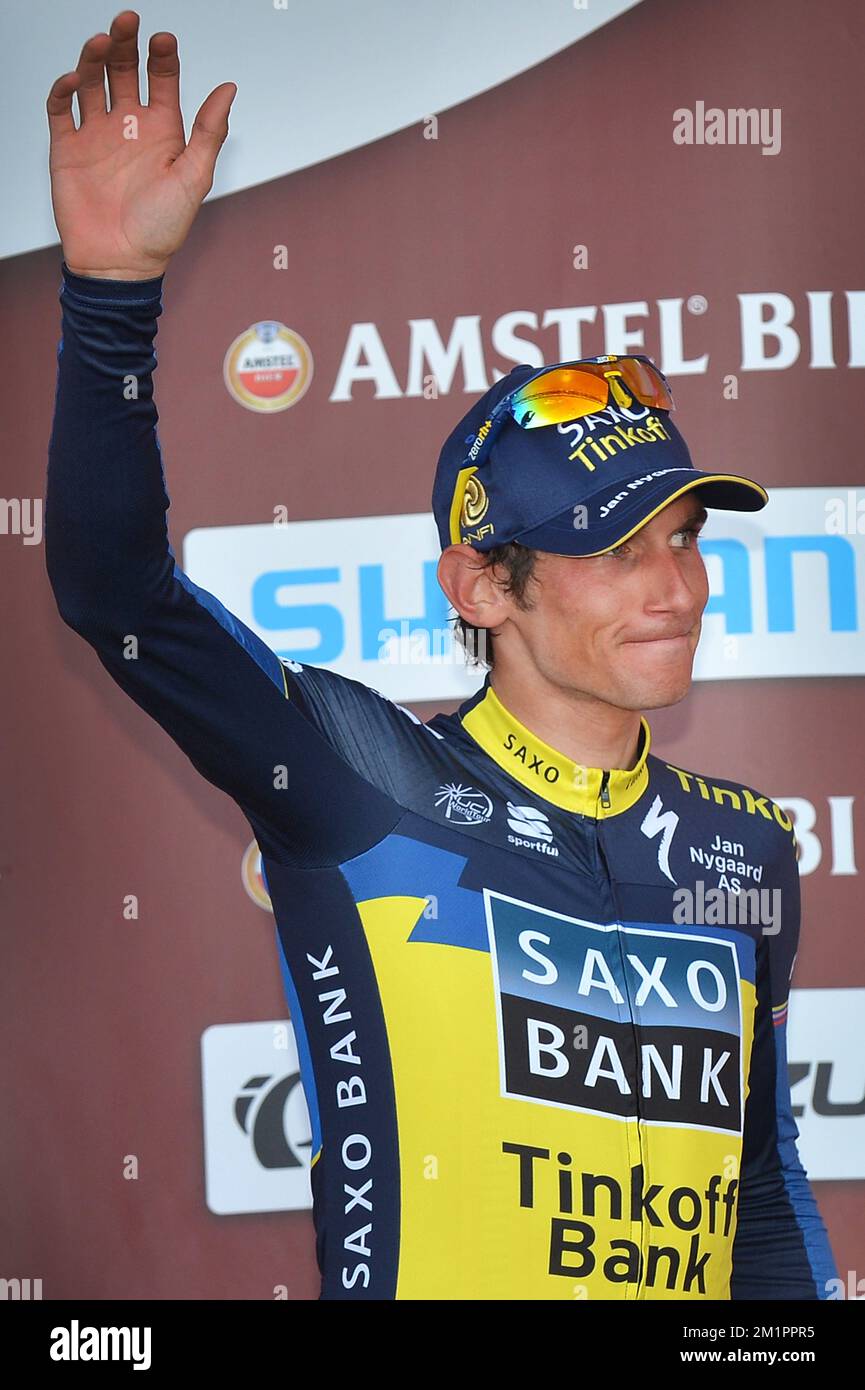Czech Roman Kreuziger of team Saxo-Tinkoff celebrates on the podium ...