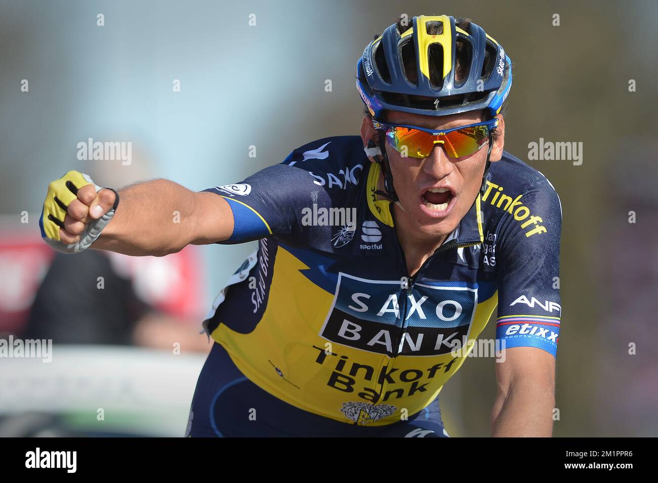 Czech Roman Kreuziger of team Saxo-Tinkoff celebrates as he crosses the ...
