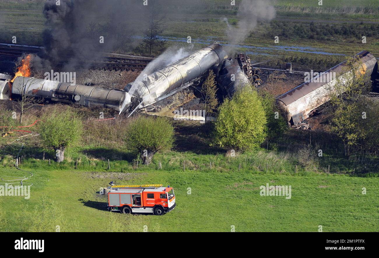 Illustration picture shows an aerial view on the exploded freight train ...