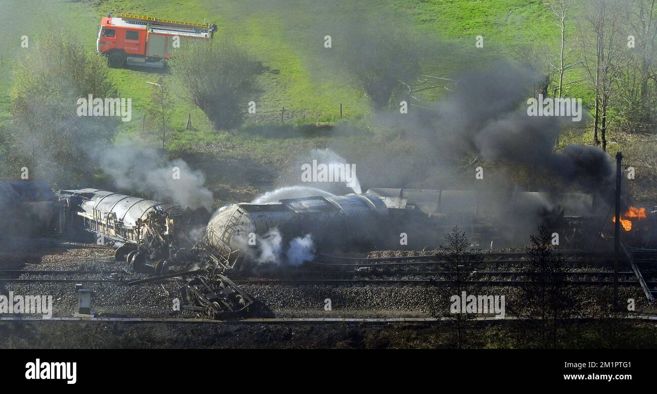 Illustration picture shows an aerial view on the exploded freight train ...