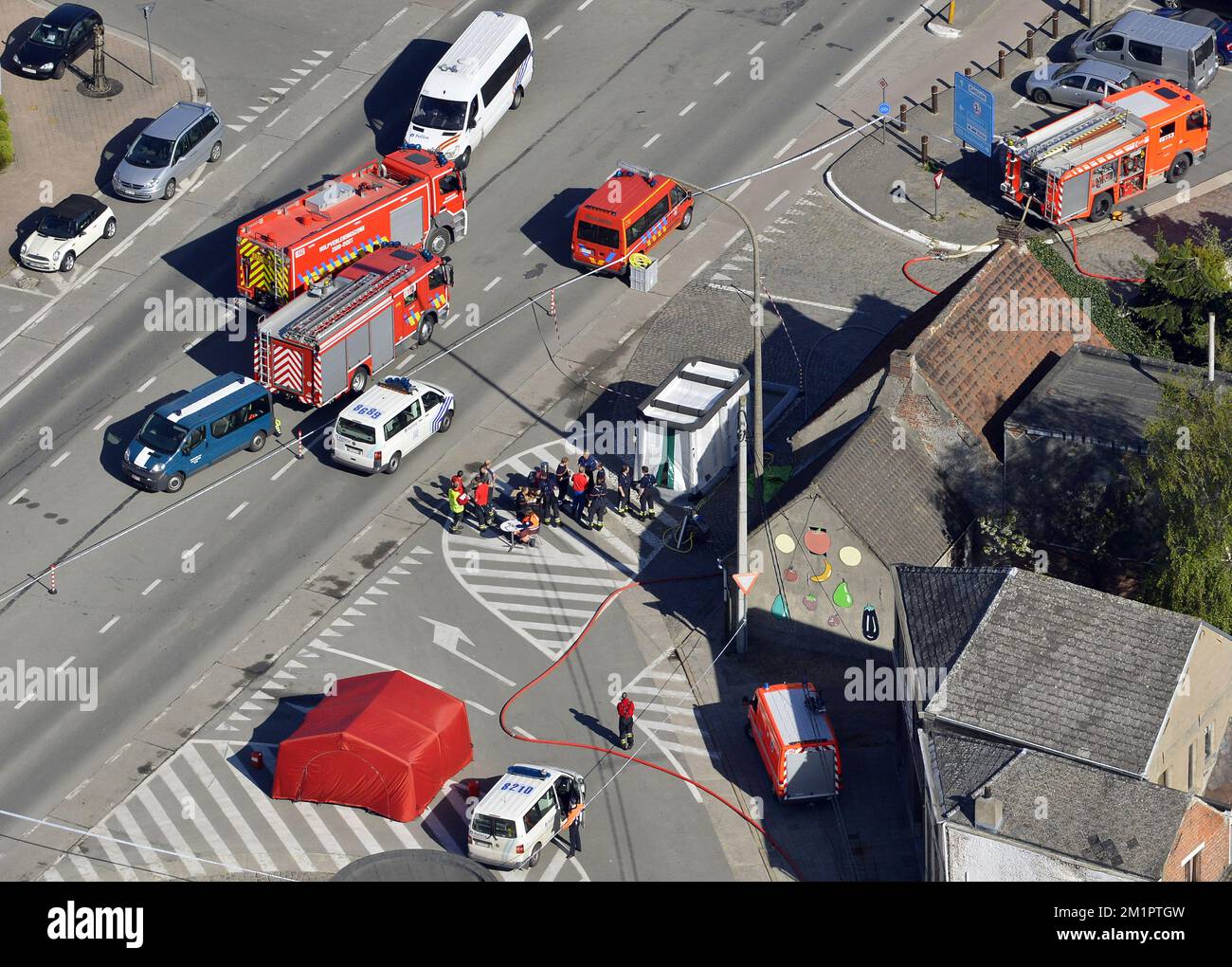 Illustration picture shows an aerial view on the exploded freight train ...
