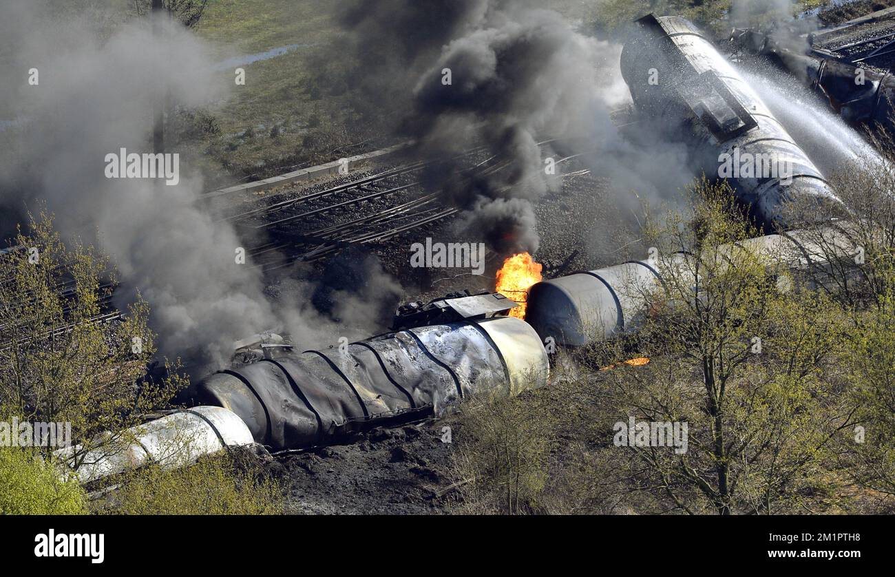 Illustration picture shows an aerial view on the exploded freight train ...