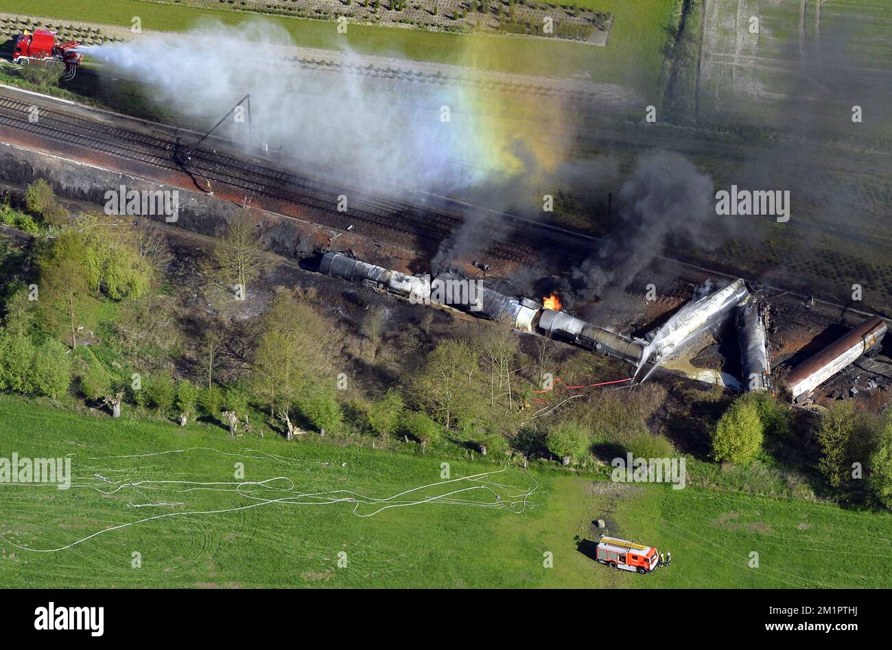 Illustration picture shows an aerial view on the exploded freight train ...