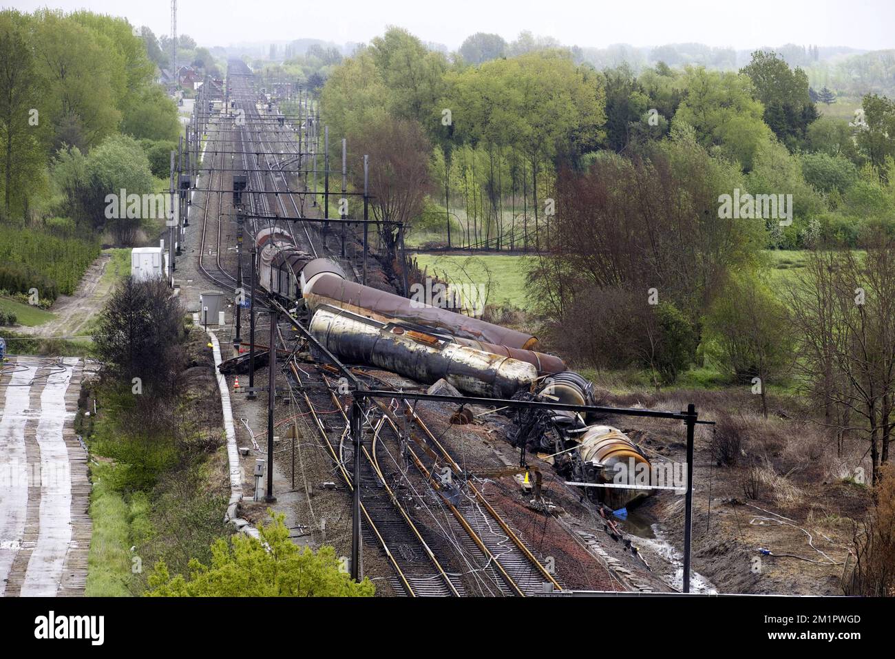 Illustration picture shows the the wrecked train from a ladder of fire ...