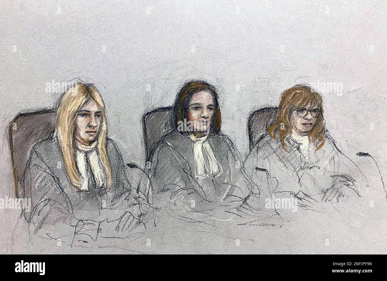 Court artist sketch by Elizabeth Cook of judges Ms Justice Burns ...
