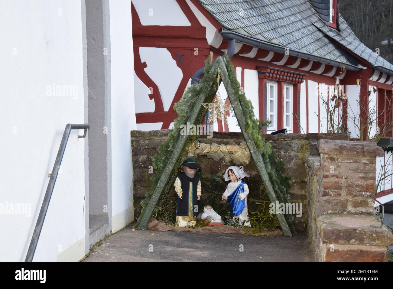 nativity scene at a half-timbered house Stock Photo - Alamy