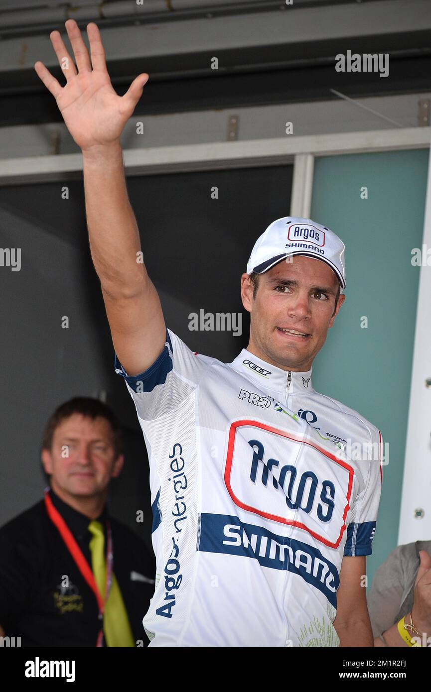 Slovenian Luka Mezgec of team Argos-Shimano celebrates on the podium ...