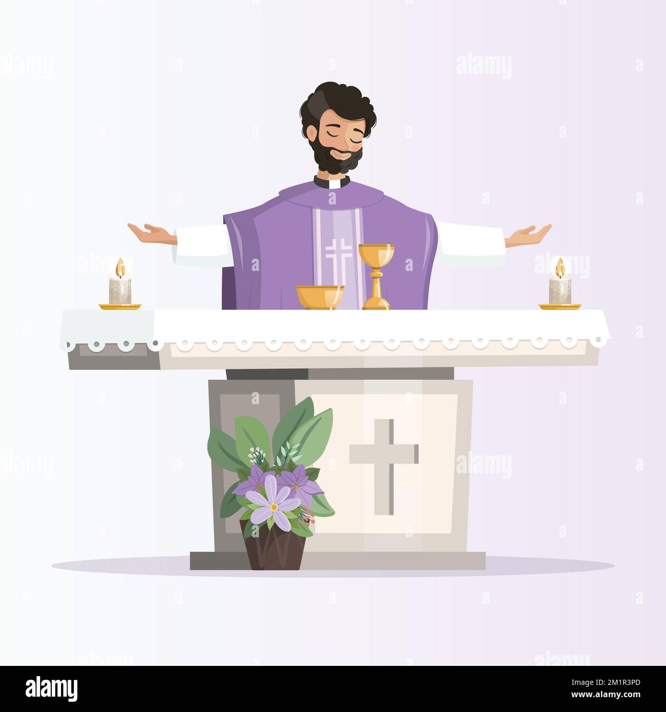 Priest behind the altar with purple chasuble celebrating the eucharist ...