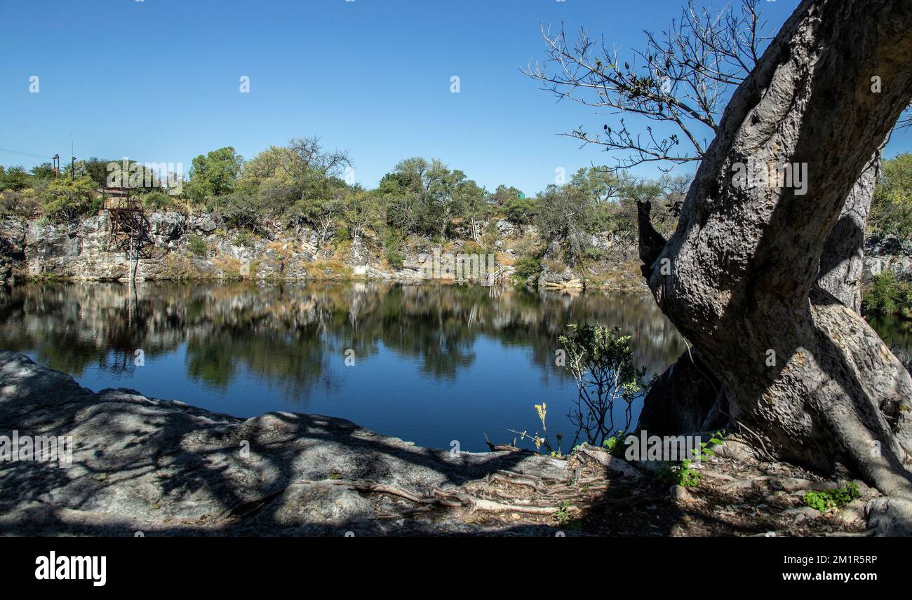The deep blue, bottomless Otjikoto Lake. A Sink hole new Tsumeb in ...