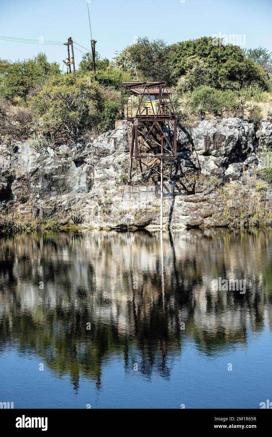 The pumping platform at the deep blue, bottomless Otjikoto Lake. A Sink ...