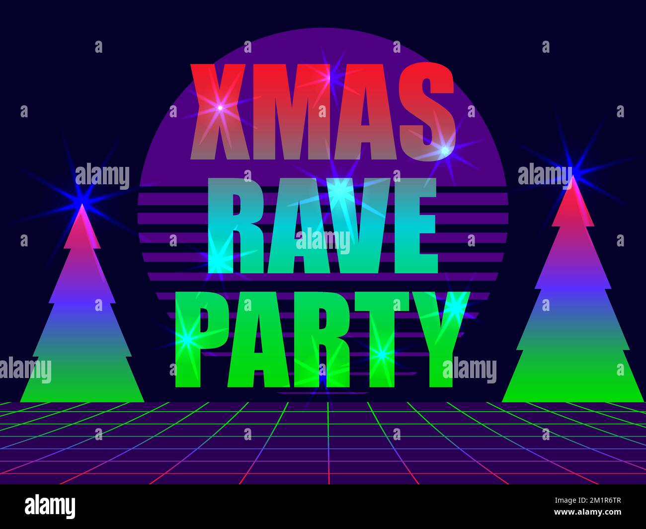 Xmas rave party. Retro sun with Christmas trees and virtual reality ...