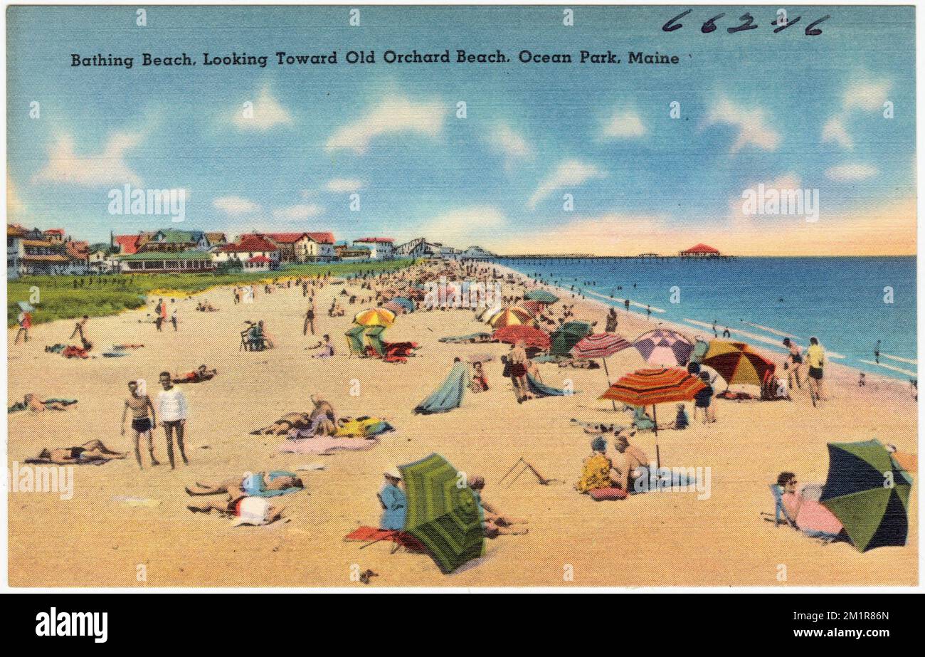 Bathing beach, looking toward Old Orchard Beach, Ocean Park, Maine ...