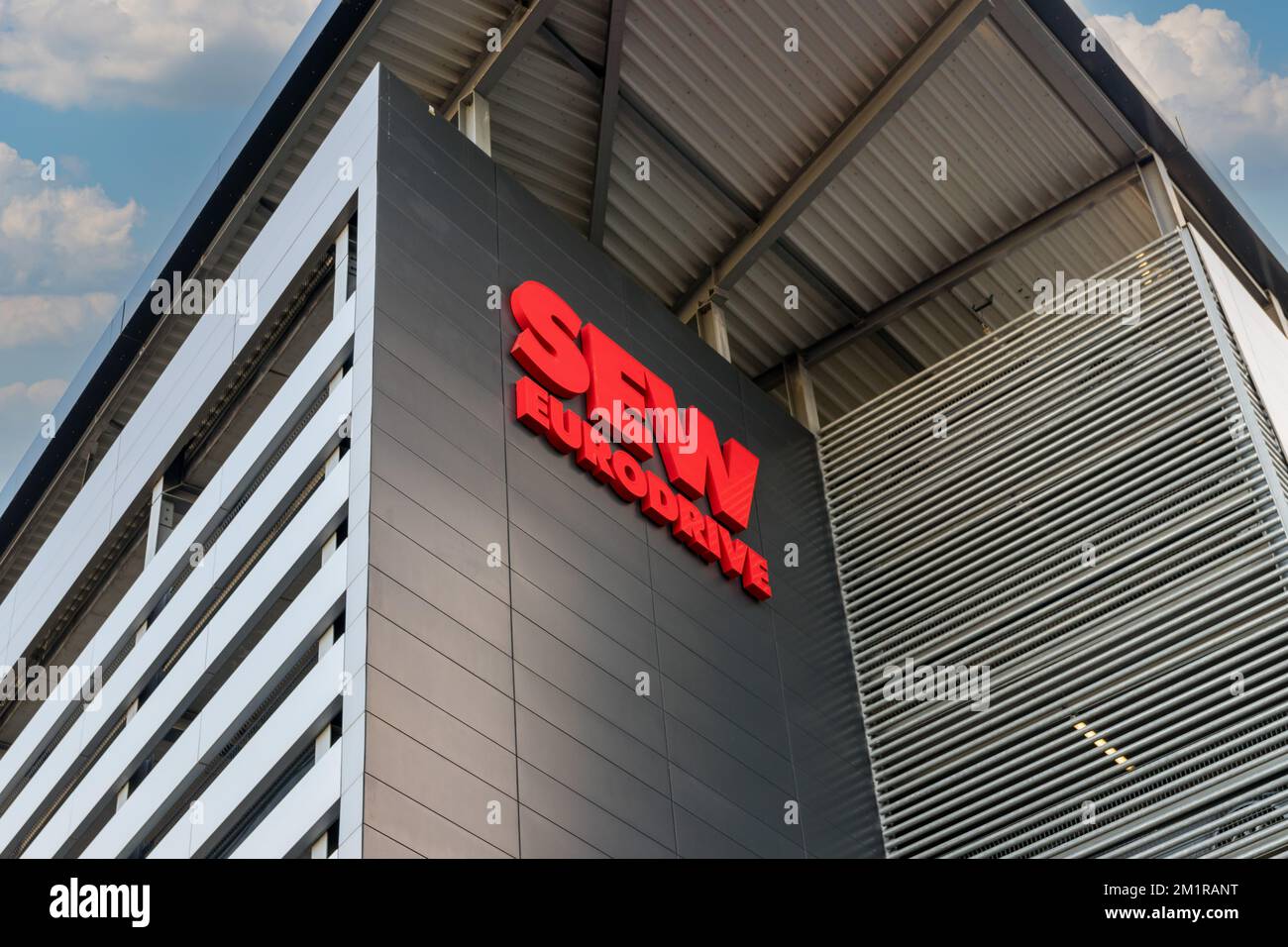 The low-angle view of SEW Eurodrive logo on a building in Bruchsal ...