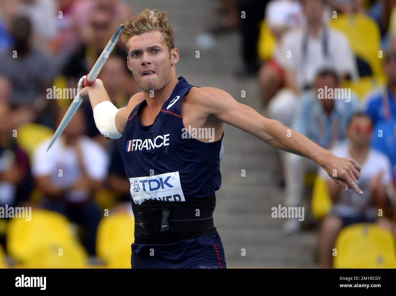 French Kevin Mayer in action during the men javelin throw of the series ...