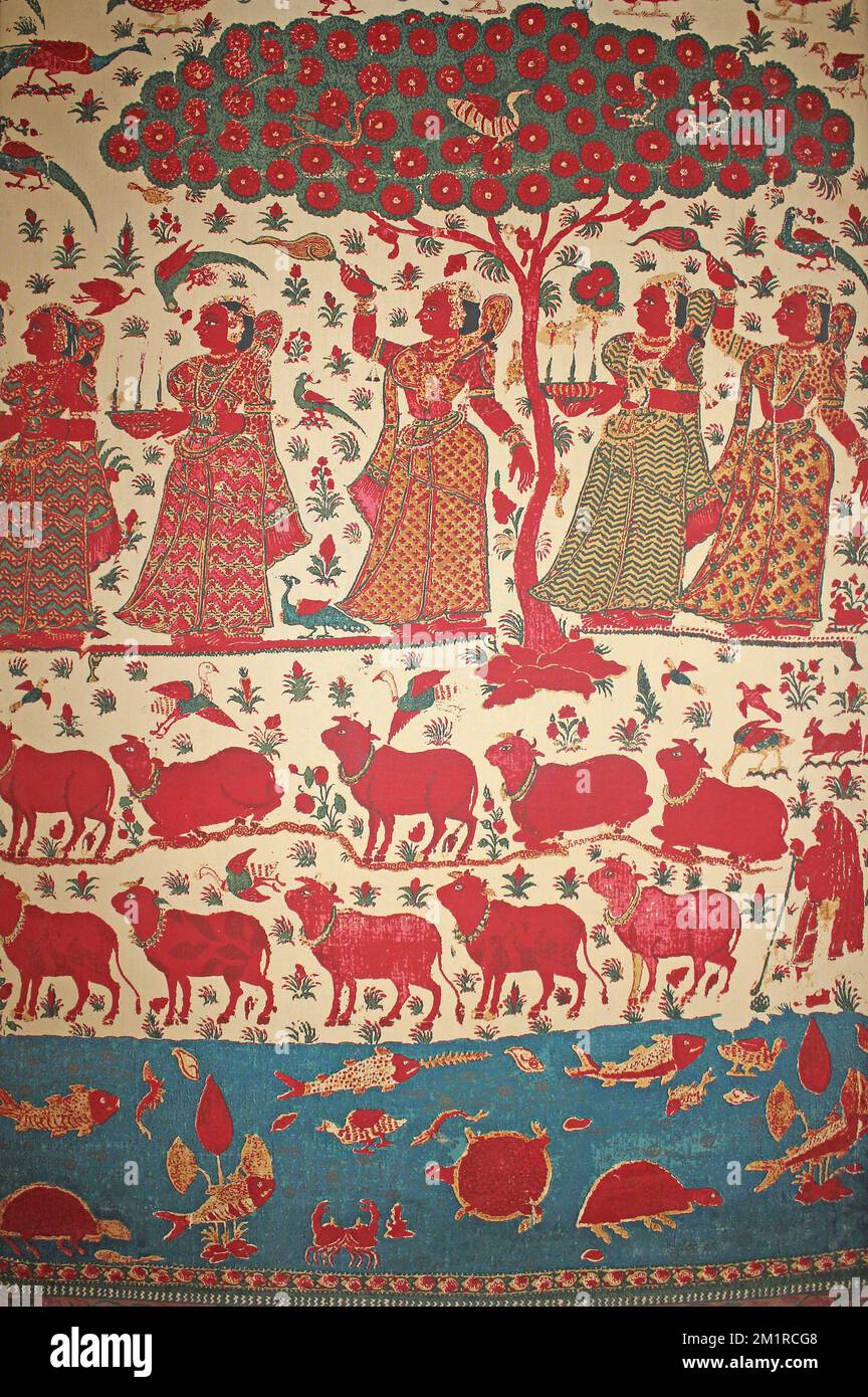 Gujurat Textiles - Women Carrying Offerings, Red Bulls Stock Photo - Alamy