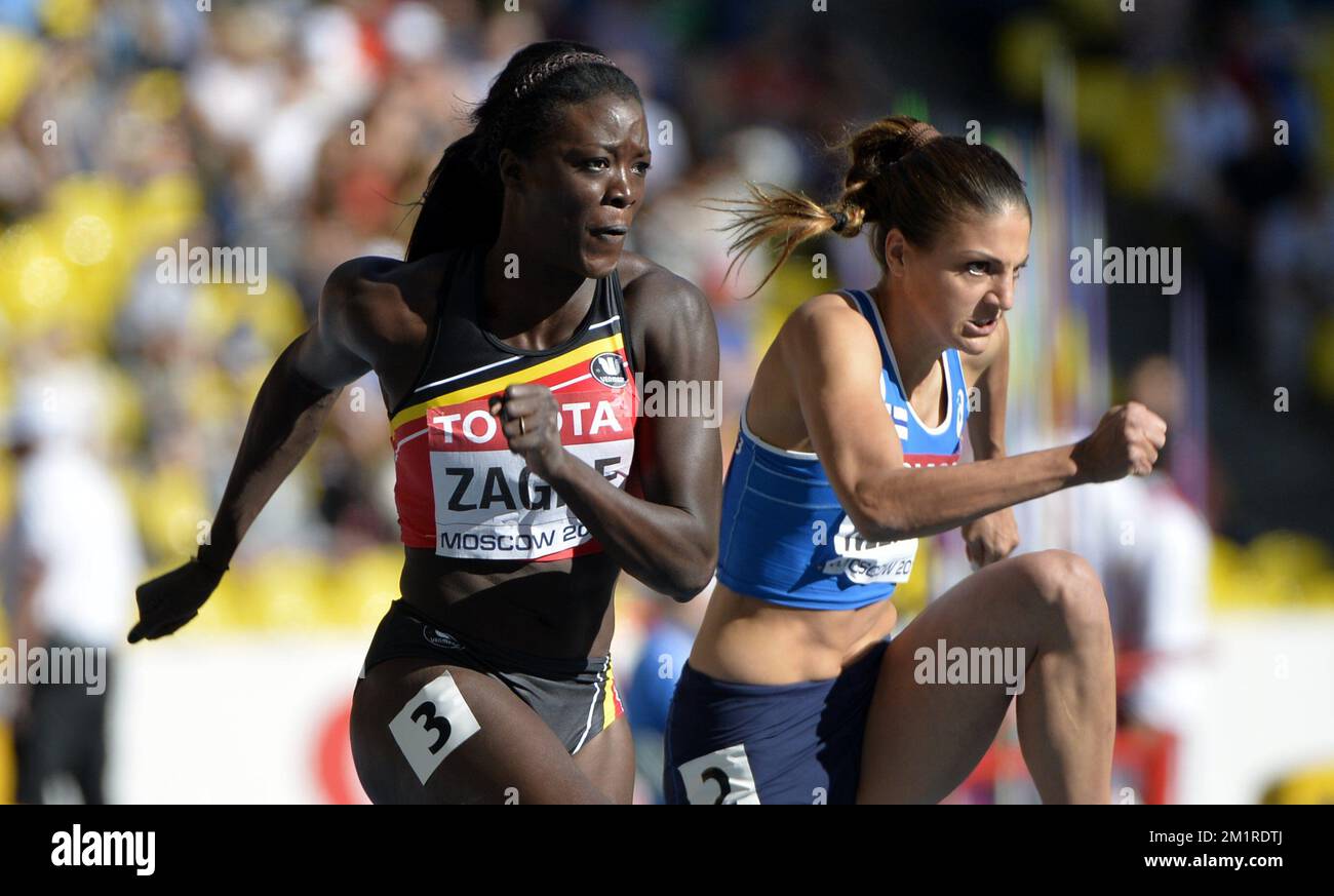 Belgian athlete Anne Zagre in action during the women's 100m hurdles ...
