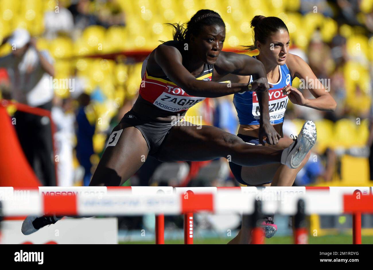Belgian athlete Anne Zagre in action during the women's 100m hurdles ...