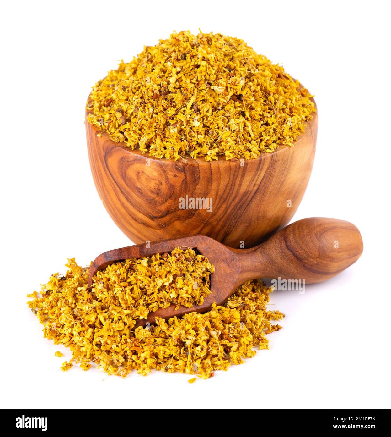 Osmanthus tea in wooden bowl and spoon, isolated on white background ...