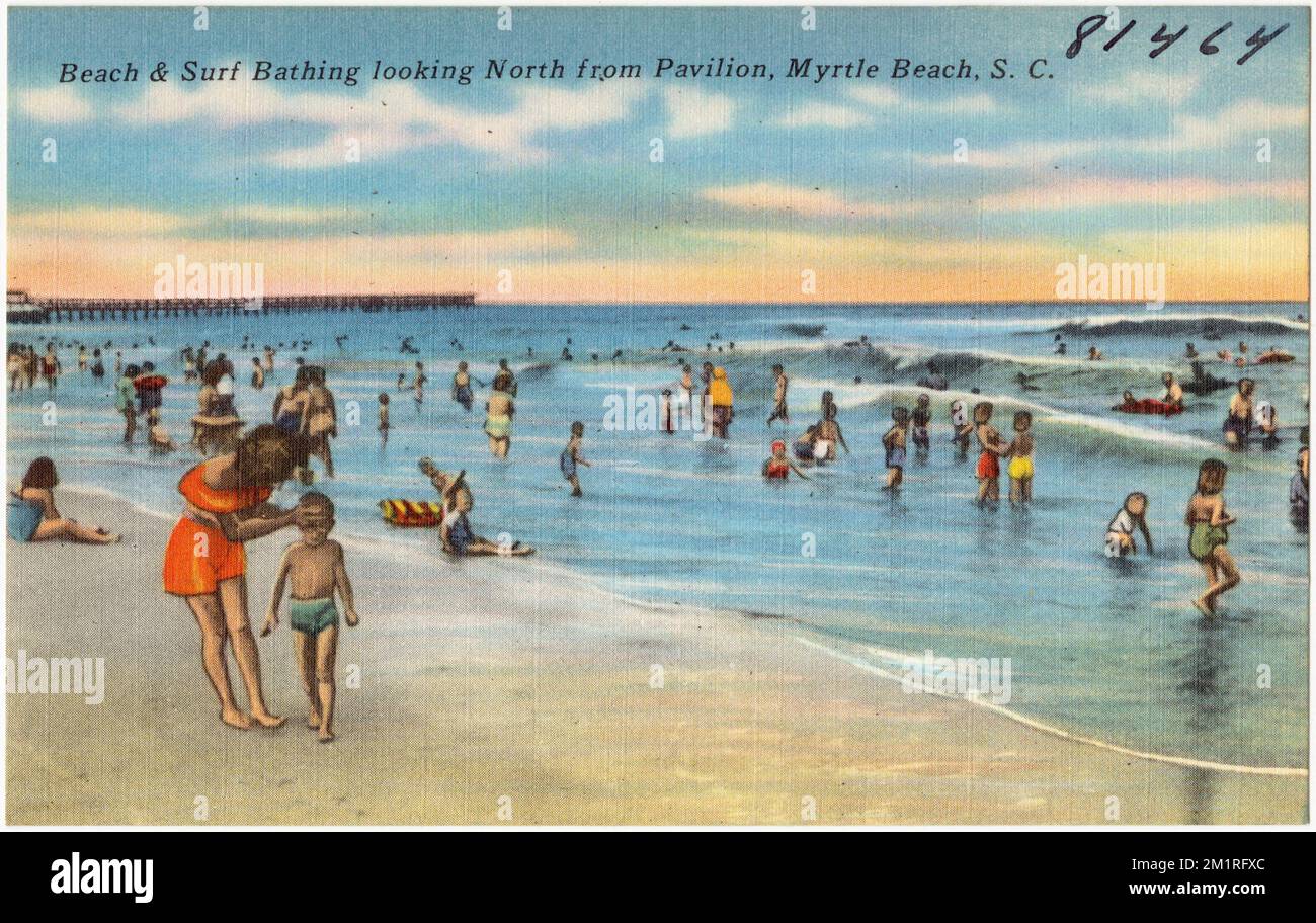 Beach & surf bathing looking north from pavilion, Myrtle Beach, S. C ...