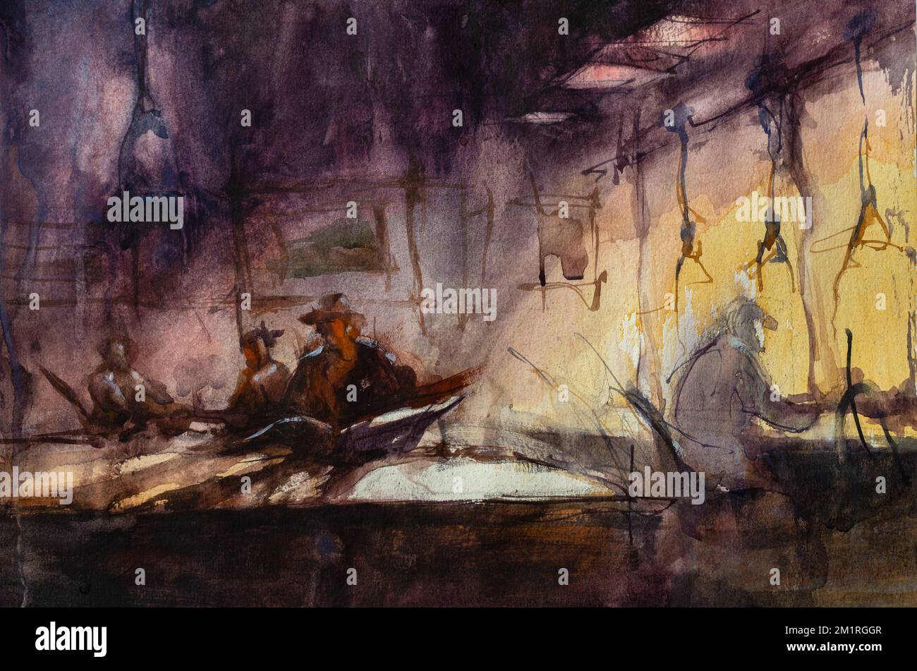 picture of people in cafe Restaurant Urban scenic landscape Watercolor ...