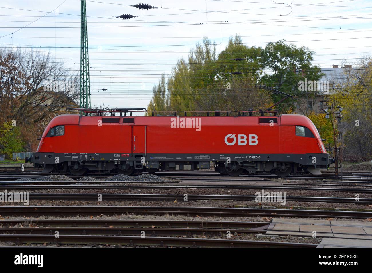 OBB Austrian Railways locomotive in the Ferencváros railway depot ...