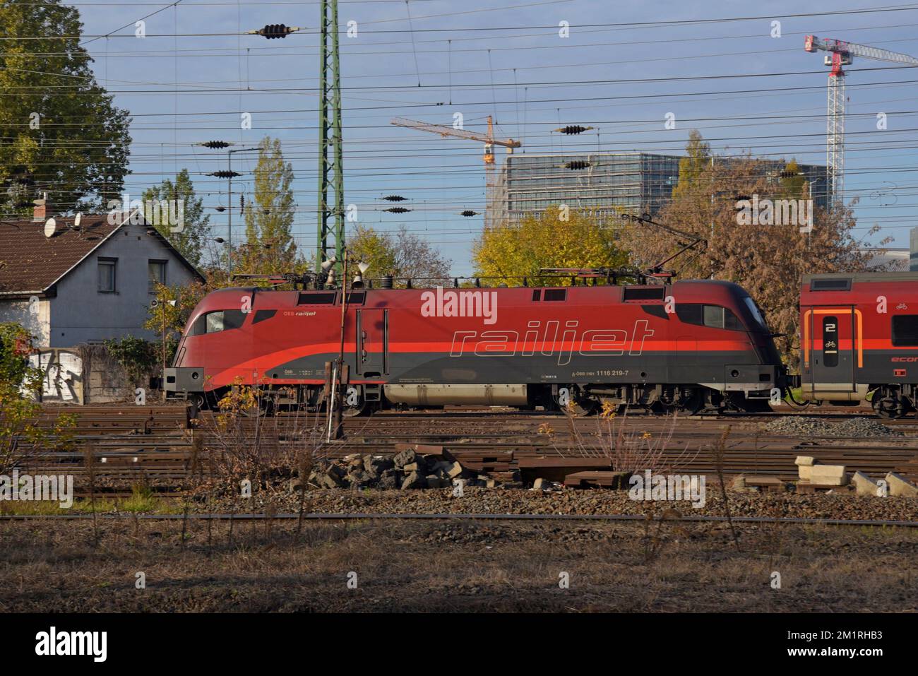 OBB Austrian Railways Railjet locomotive in the Ferencváros railway ...