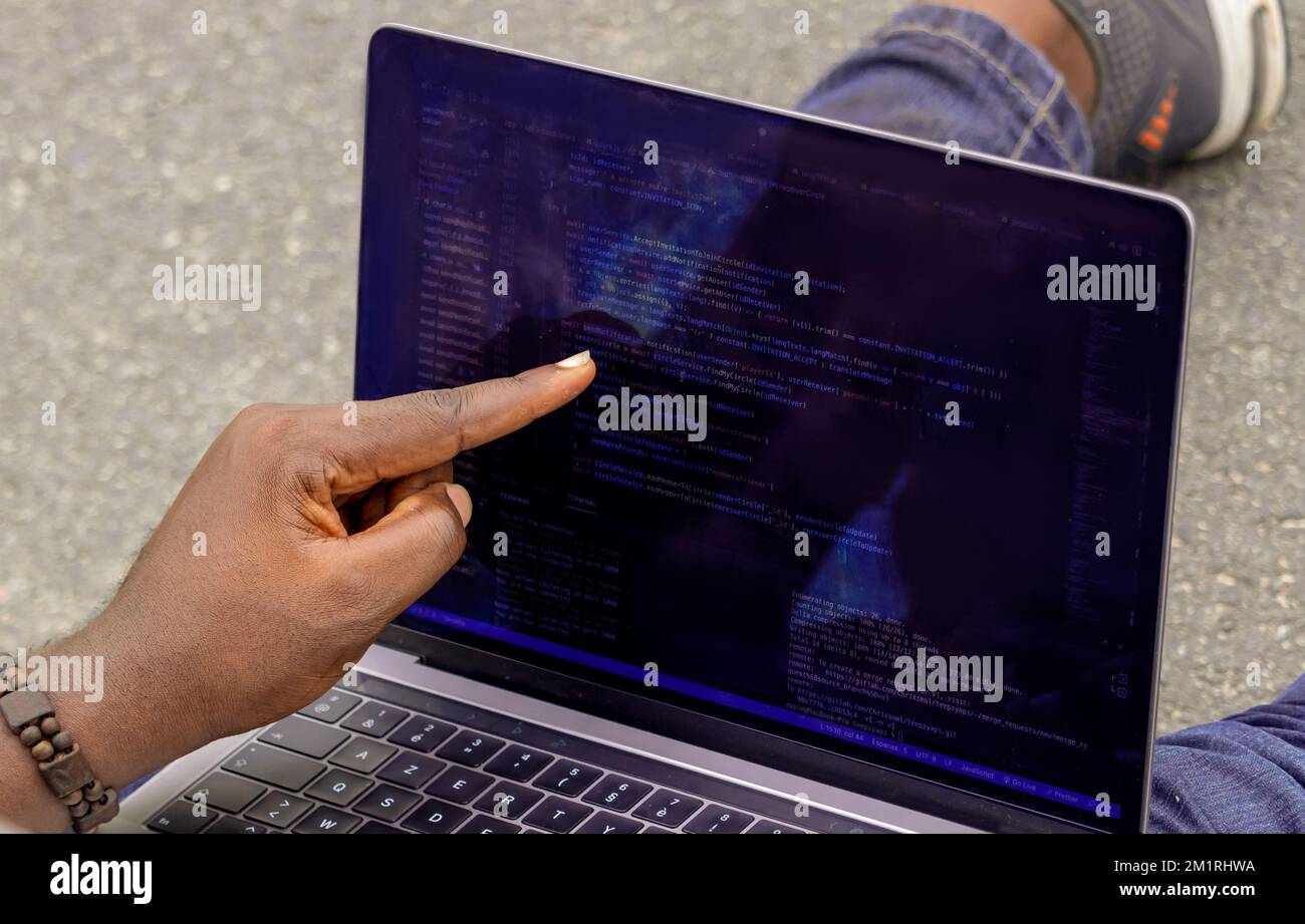 Hand portrait of african web developer pointing finger at line of ...
