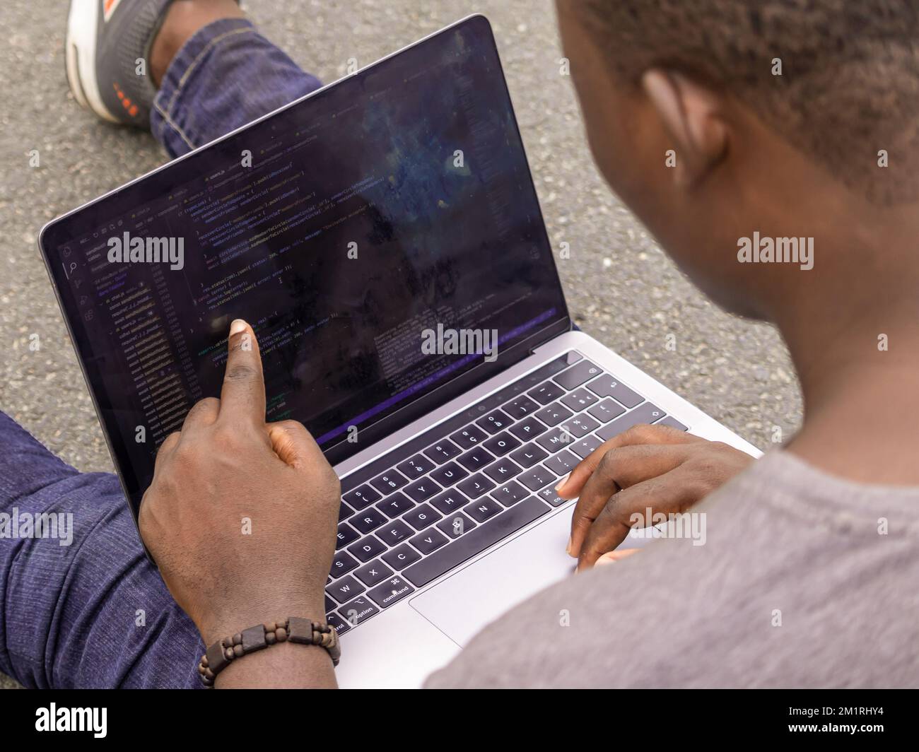 Hand portrait of african web developer pointing finger at line of ...