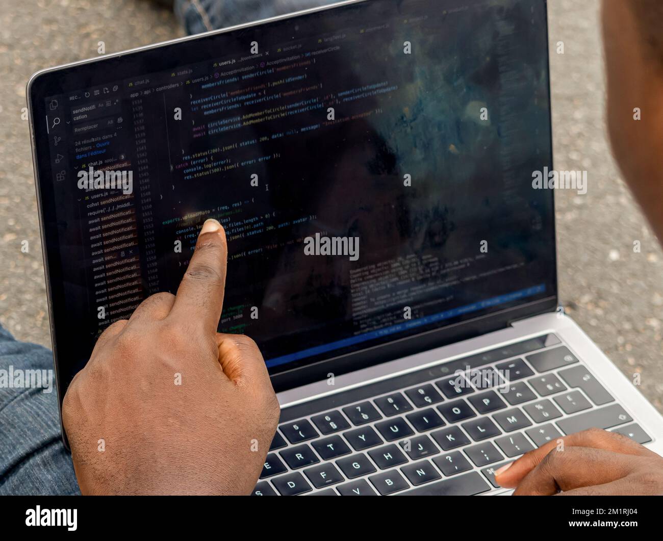 Hand portrait of african web developer pointing finger at line of ...