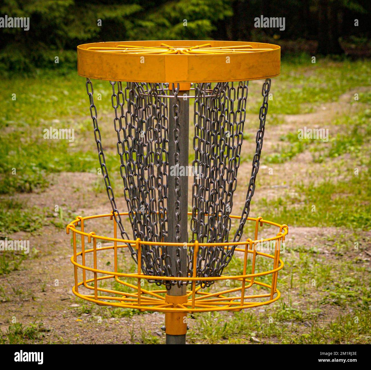 a basket for disc golf in the forest Stock Photo - Alamy