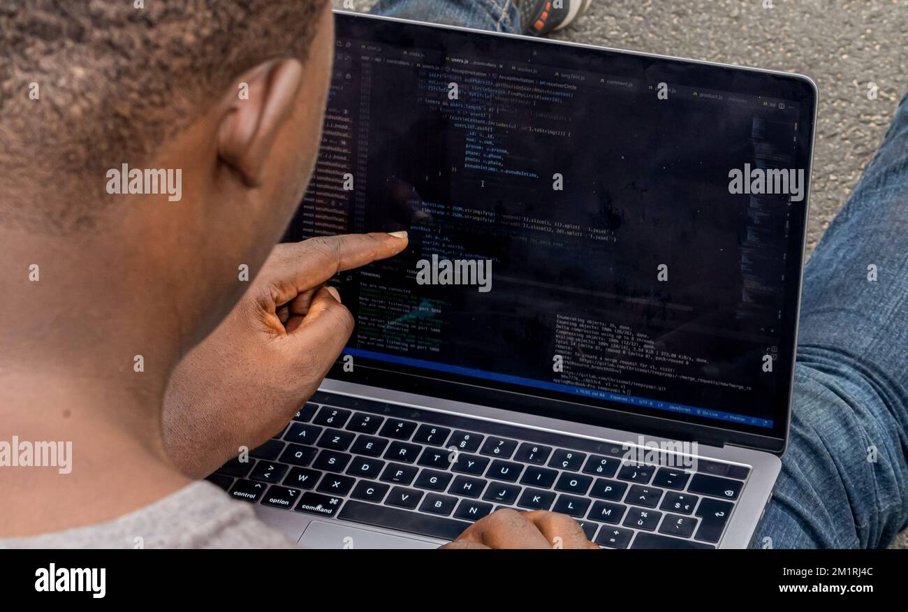Hand portrait of african web developer pointing finger at line of ...