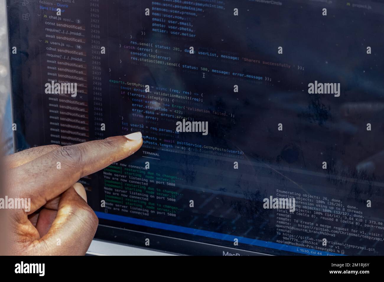 Hand portrait of african web developer pointing finger at line of ...