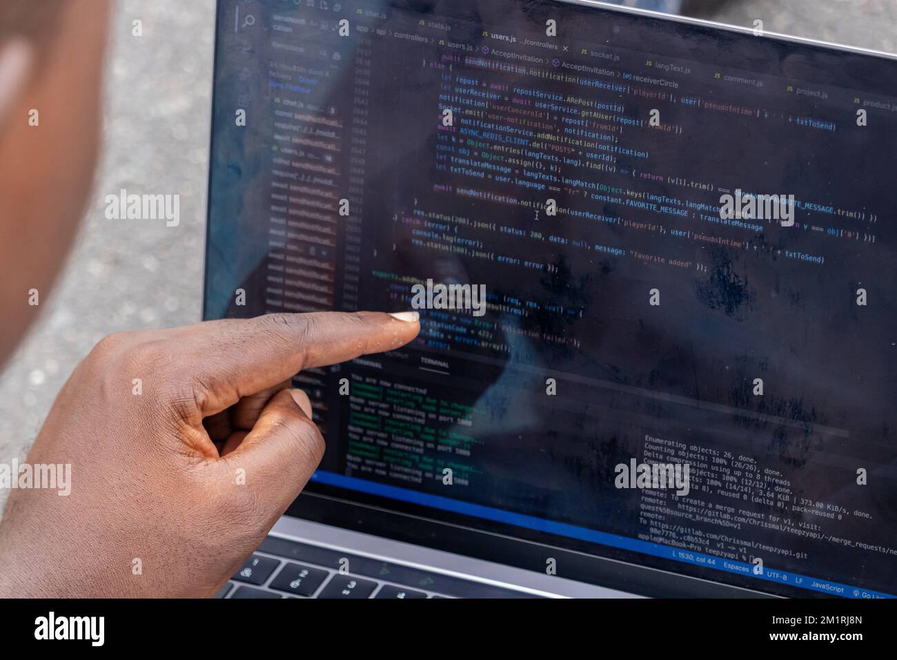 Hand portrait of african web developer pointing finger at line of ...