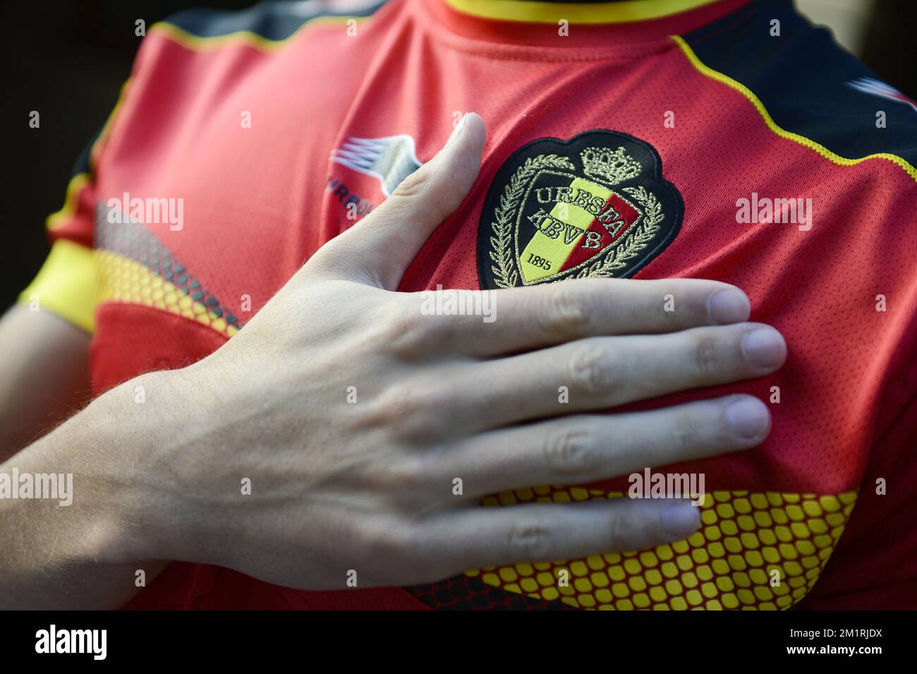 Illustration picture shows the Belgian jersey with the logo of KBVB ...