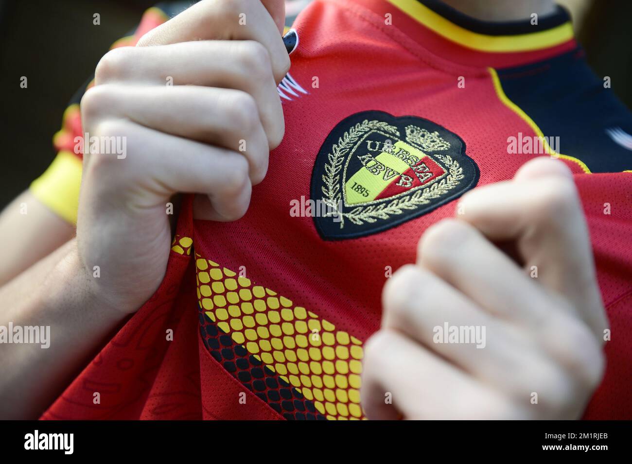 Illustration picture shows the Belgian jersey with the logo of KBVB ...