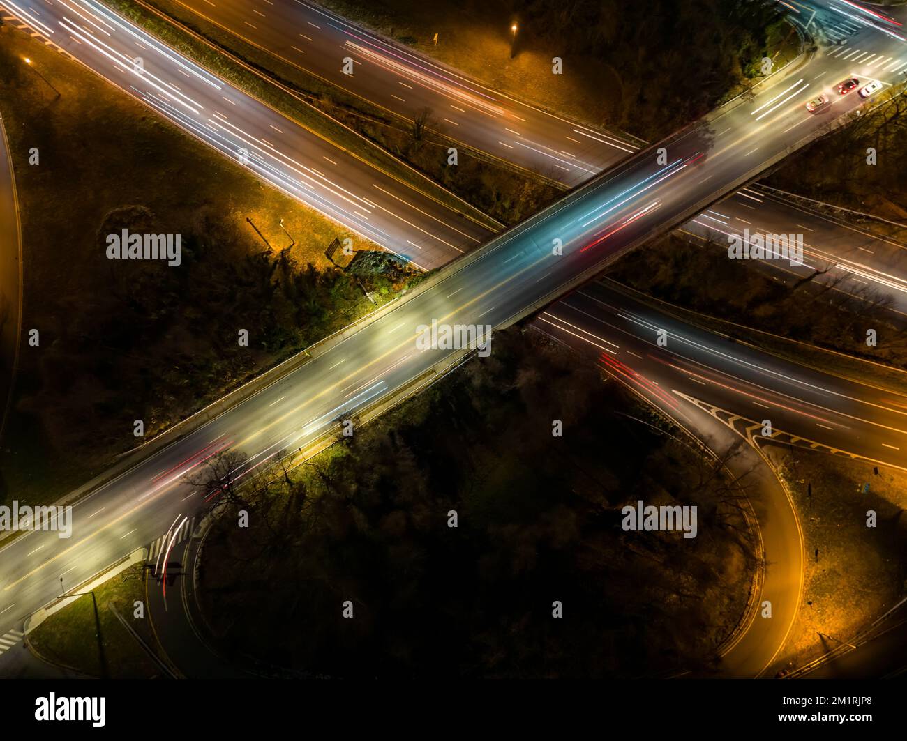 An aerial view of an exit ramp of a highway at night Stock Photo - Alamy