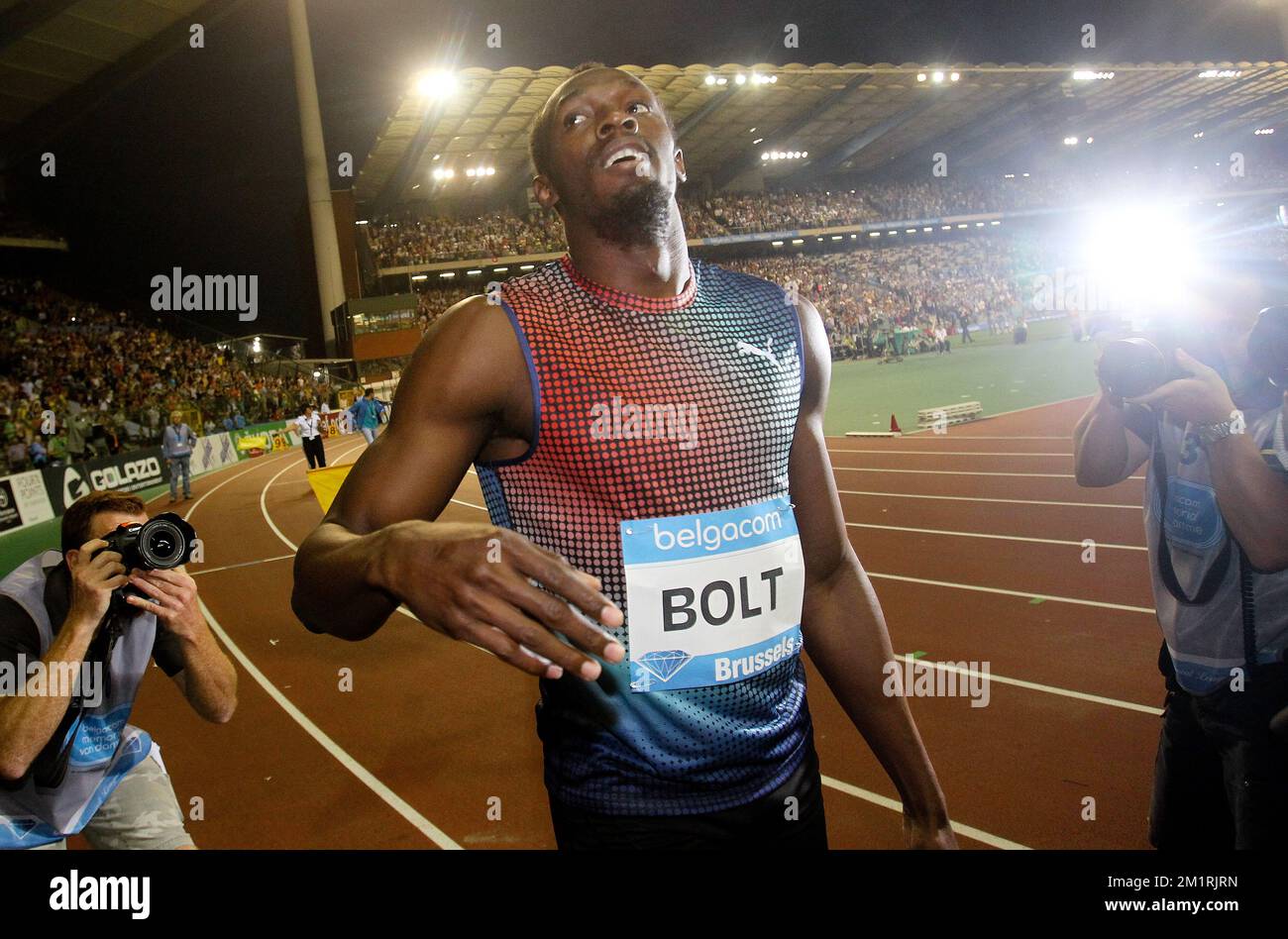 Jamaica's Usain Bolt celebrates after winning the Memorial Van Damme ...
