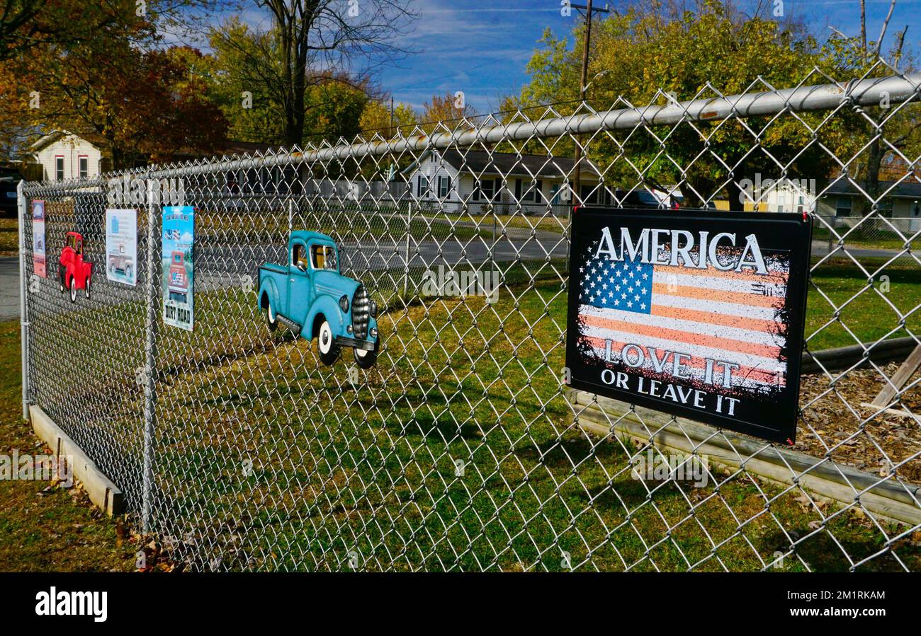 Warning signs on fence of Republican midwestern home in Indiana Stock ...