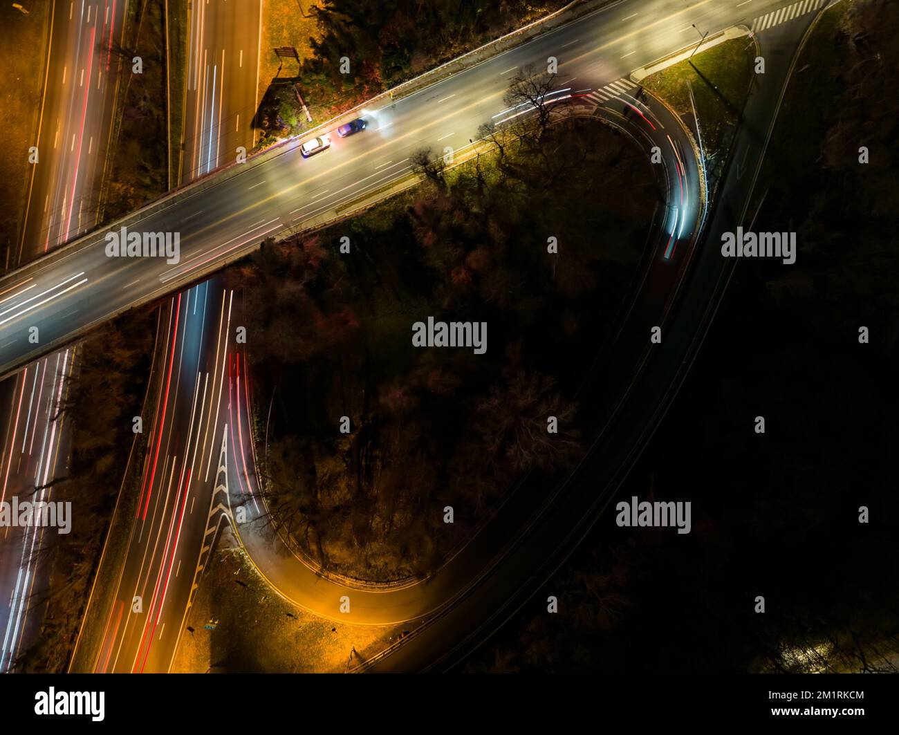 An aerial view of an exit ramp of a highway at night Stock Photo - Alamy
