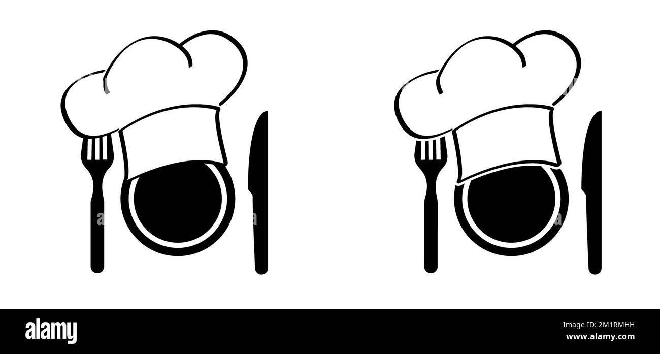 Plate, fork and knife icon. Cartoon chef cap symbol. Chef hat or cap ...