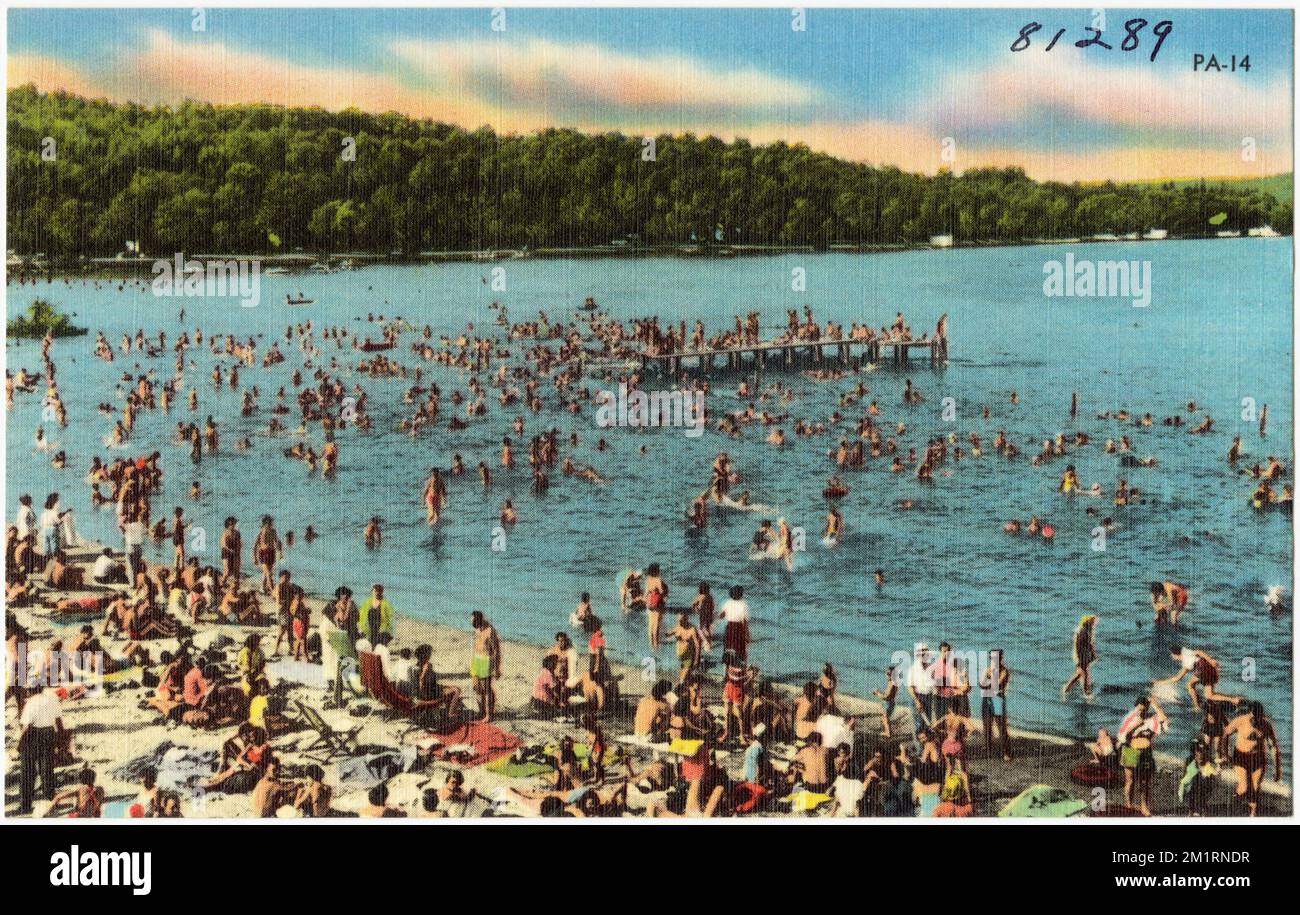 Beach scene, Pennsylvania , Lakes & ponds, Beaches, Tichnor Brothers ...