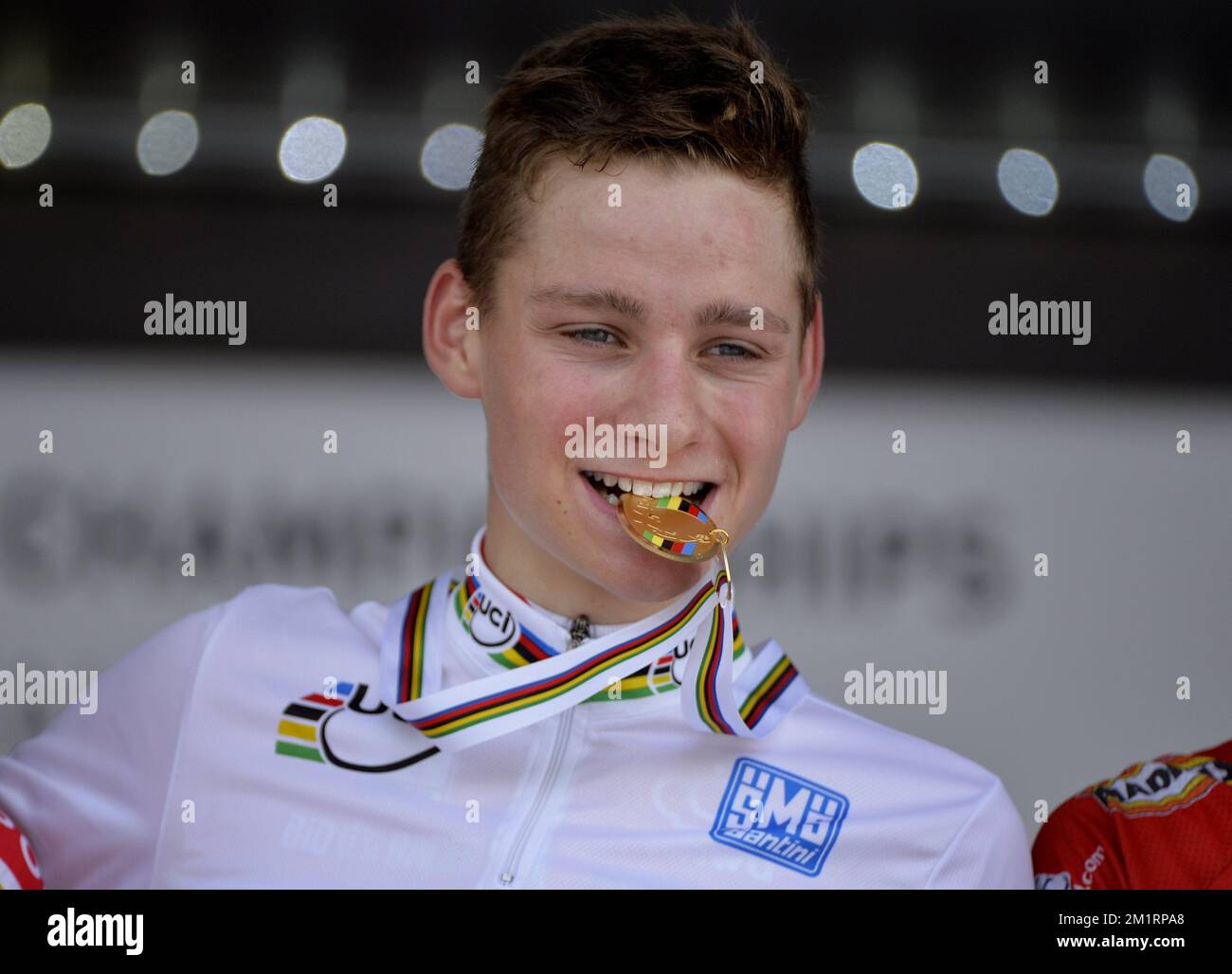 Dutch Mathieu Van Der Poel celebrates on the podium after the men's ...