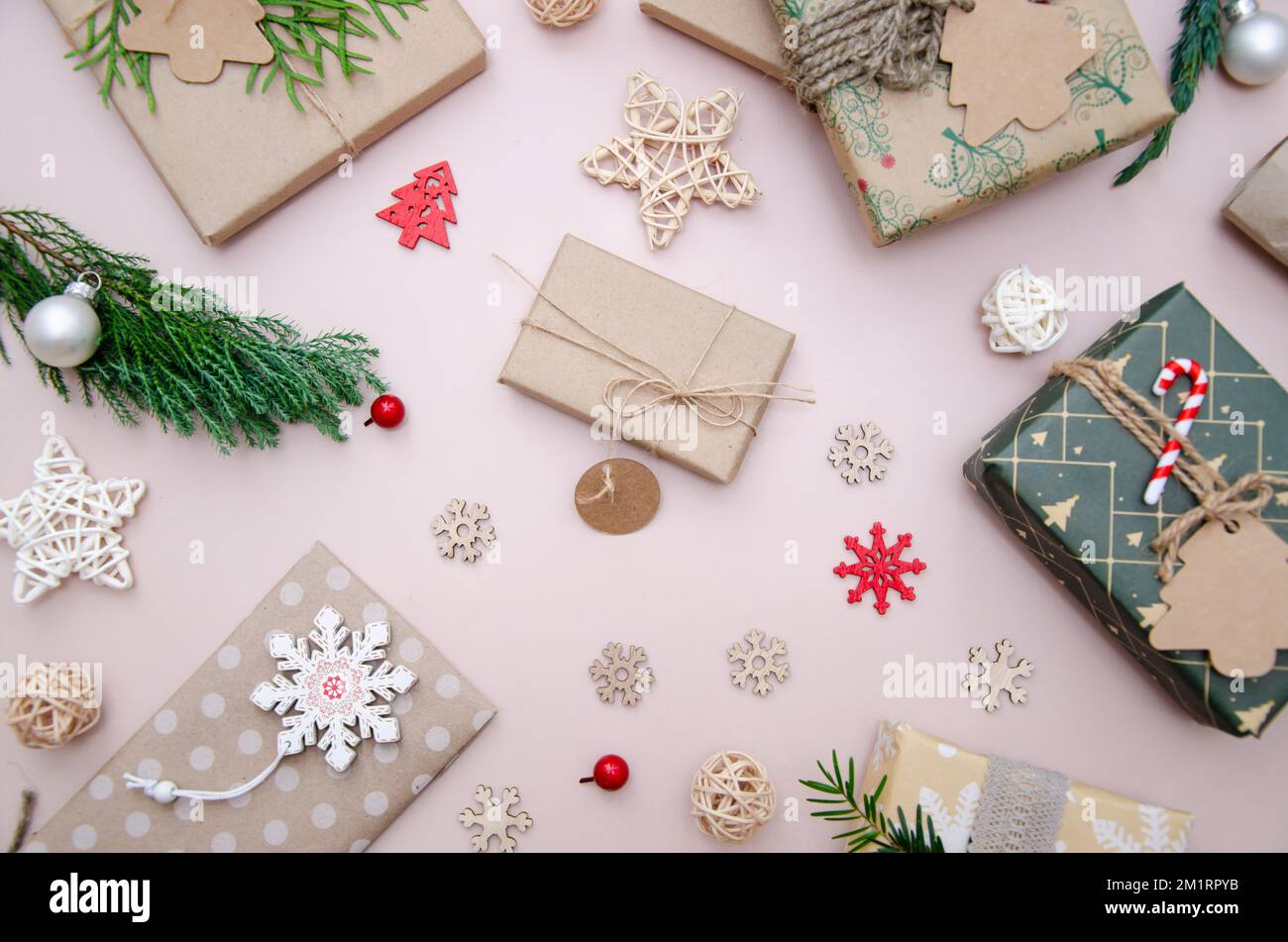 Eco friendly Christmas composition with gift boxes in craft reusable ...