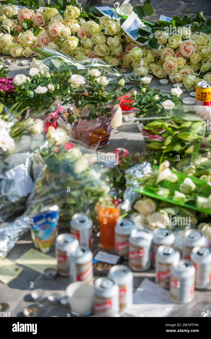 Illustration picture shows flowers, candles and Cara beer cans during a ...