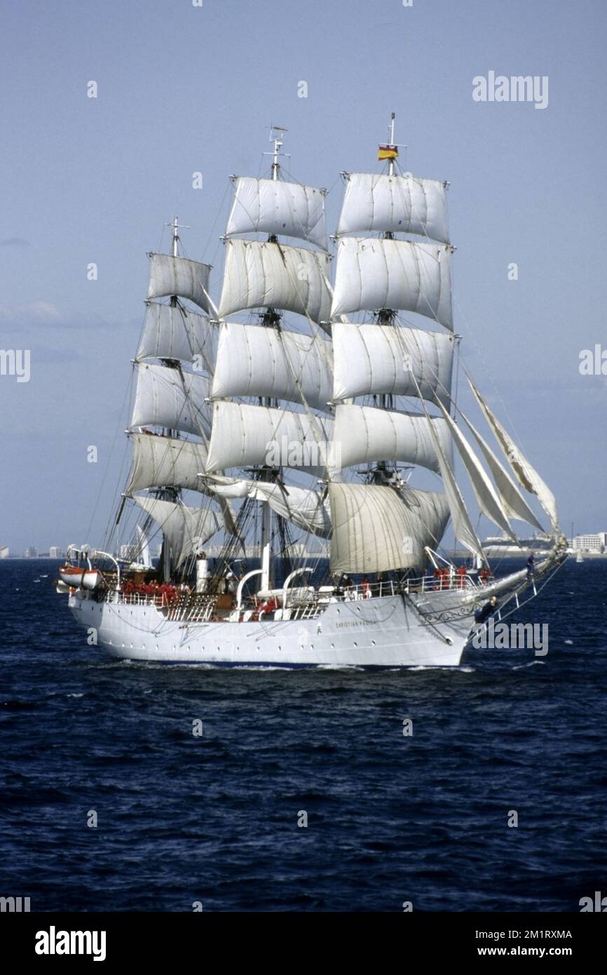 Norwegian tall ship Christian Radich under full sail, Cadiz, 1992 Stock ...